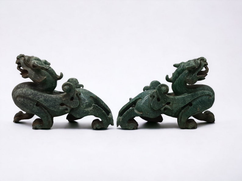 Pair of Large Carved Antique Chinese Green Stone Pixiu Figures - Etsy