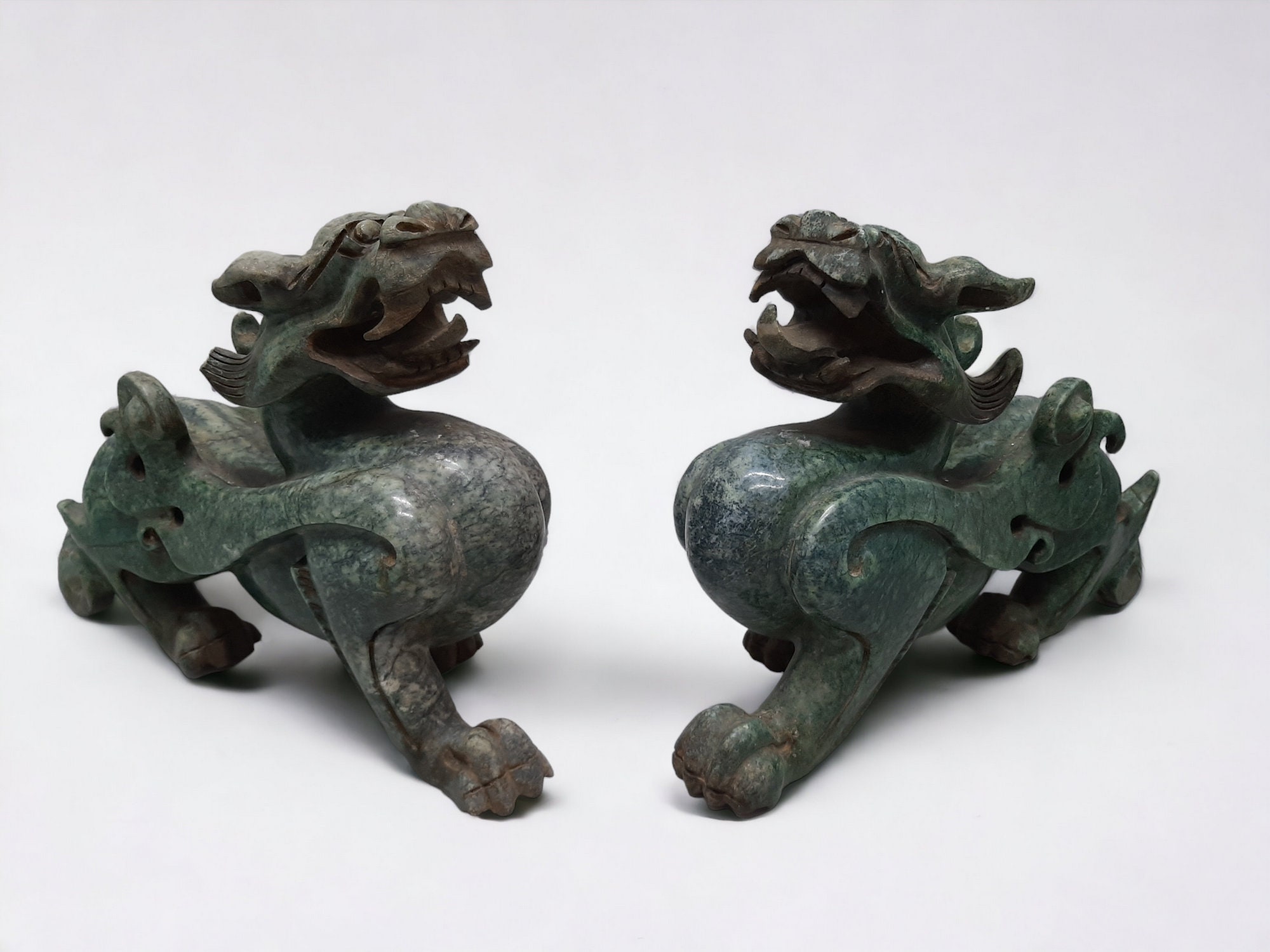 Pair of Large Carved Antique Chinese Green Stone Pixiu Figures - Etsy