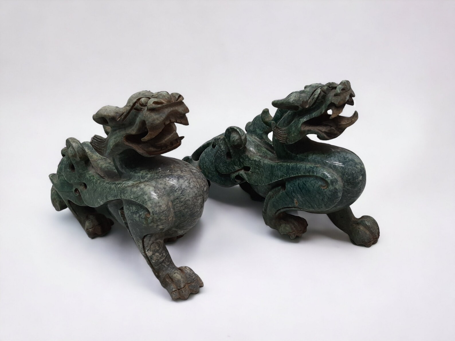 Pair of Large Carved Antique Chinese Green Stone Pixiu Figures - Etsy