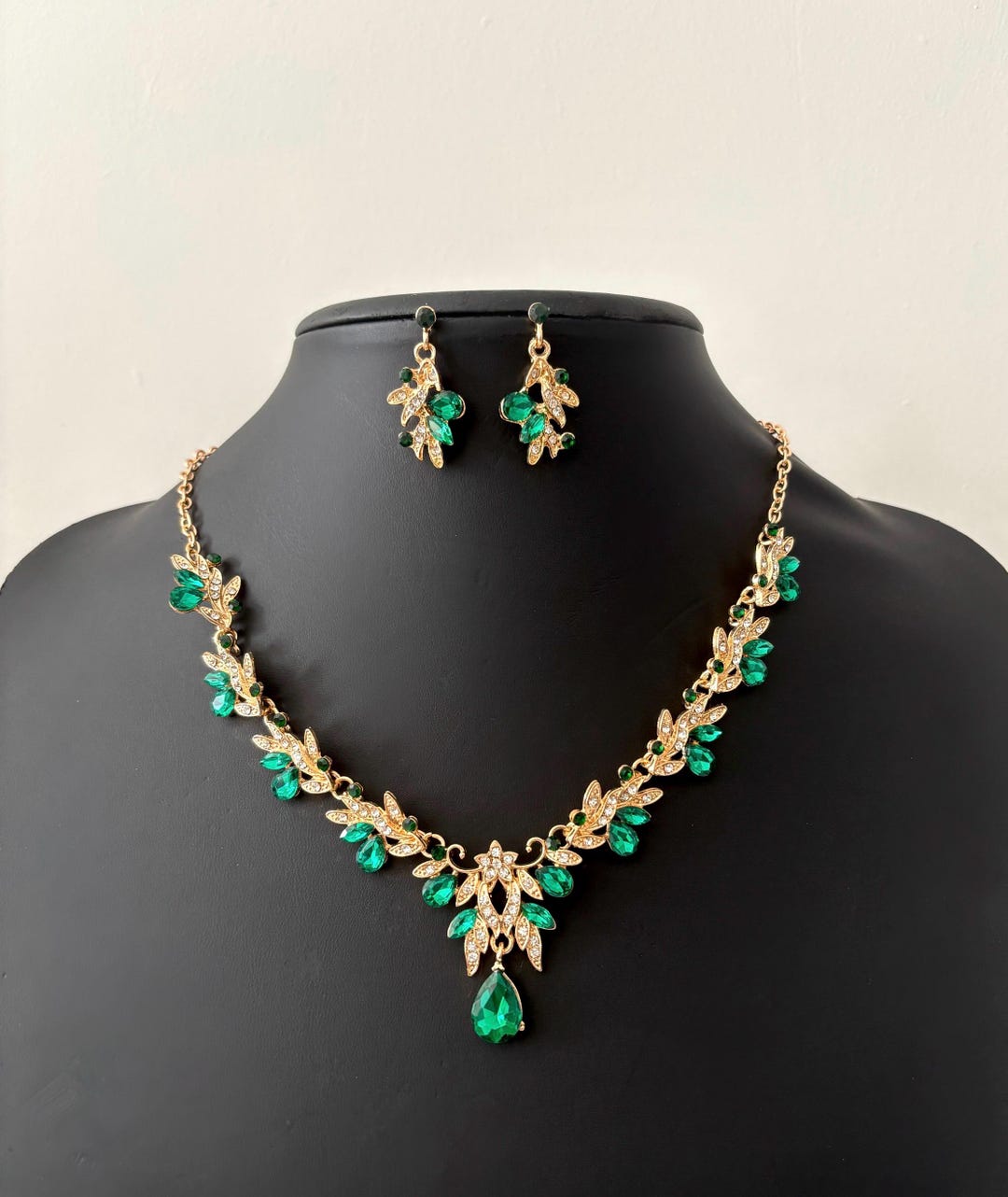 Emerald Green Crystal Jewelry Set, Gold Bridal Necklace Earrings Set, Emerald Wedding Pendant ...