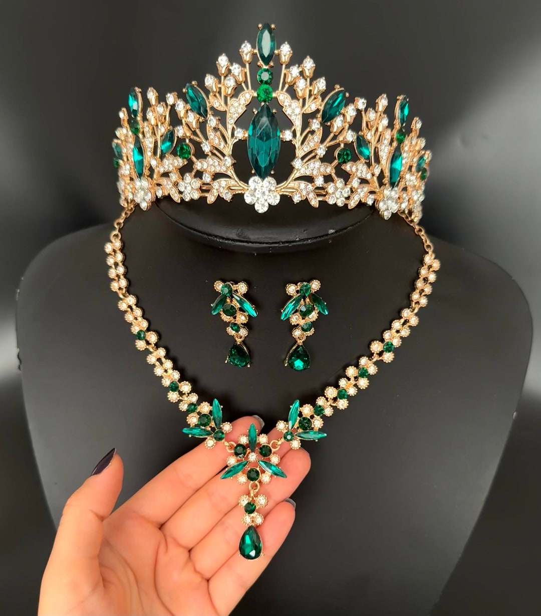 Emerald Green Crystal Jewelry Set, Gold Bridal Necklace Earrings Set, Emerald Wedding Pendant ...