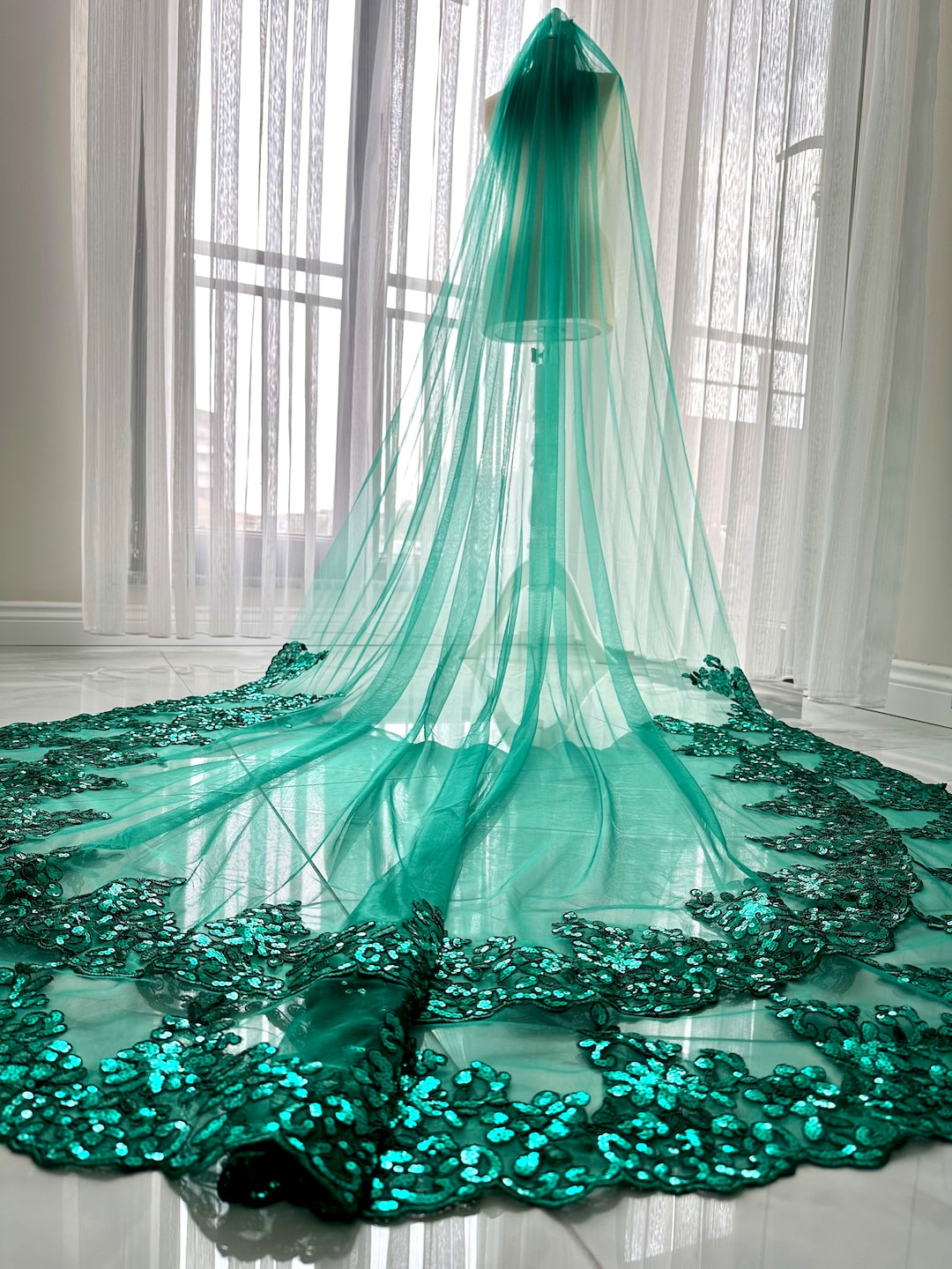 Emerald Green Glitter Bridal Veil Long Lace Sequins Wedding Cape Veil ...