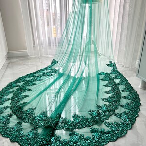 Emerald Green Glitter Bridal Veil Long Lace Sequins Wedding Cape Veil ...