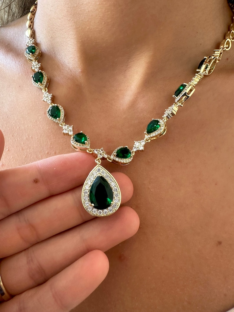 Emerald Green Crystal Jewelry Set, Gold Bridal Necklace Earrings Set, Emerald Wedding Pendant ...