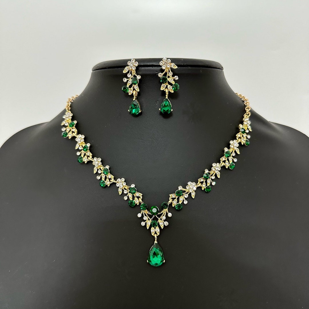 Emerald Green Crystal Jewelry Set, Gold Bridal Necklace Earrings Set ...