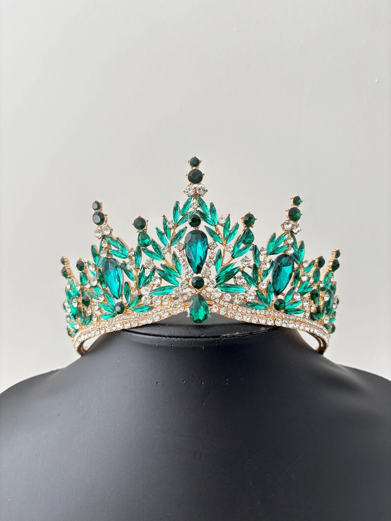 Emerald Green Crystal Tiara Set, Baroque Gold Leaf Necklace Earrings ...