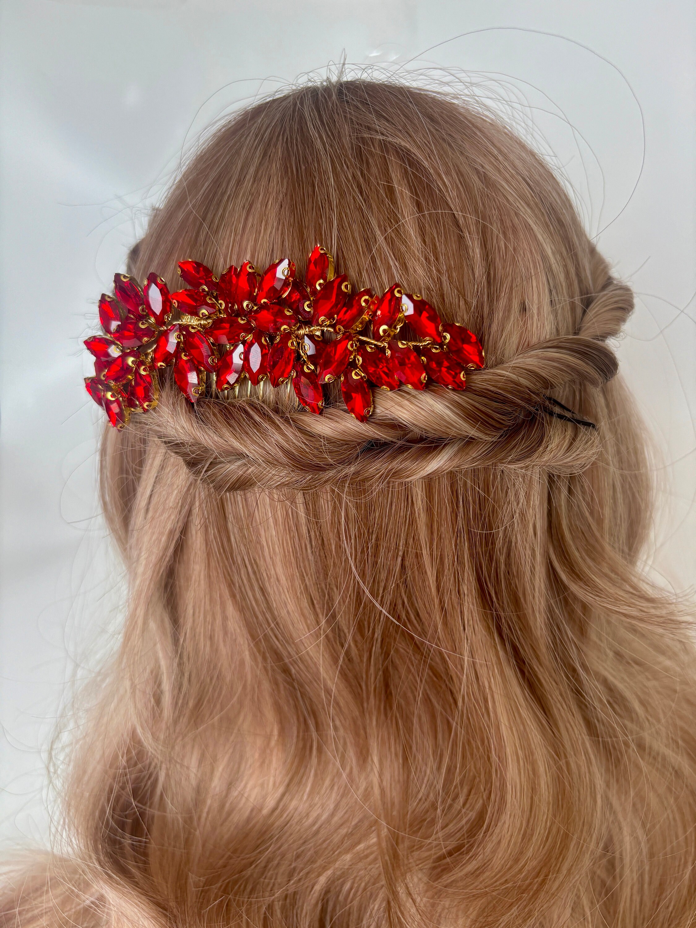 Red Crystal Bridal Hair Comb Wedding Floral Hair Piece Jewelry for ...