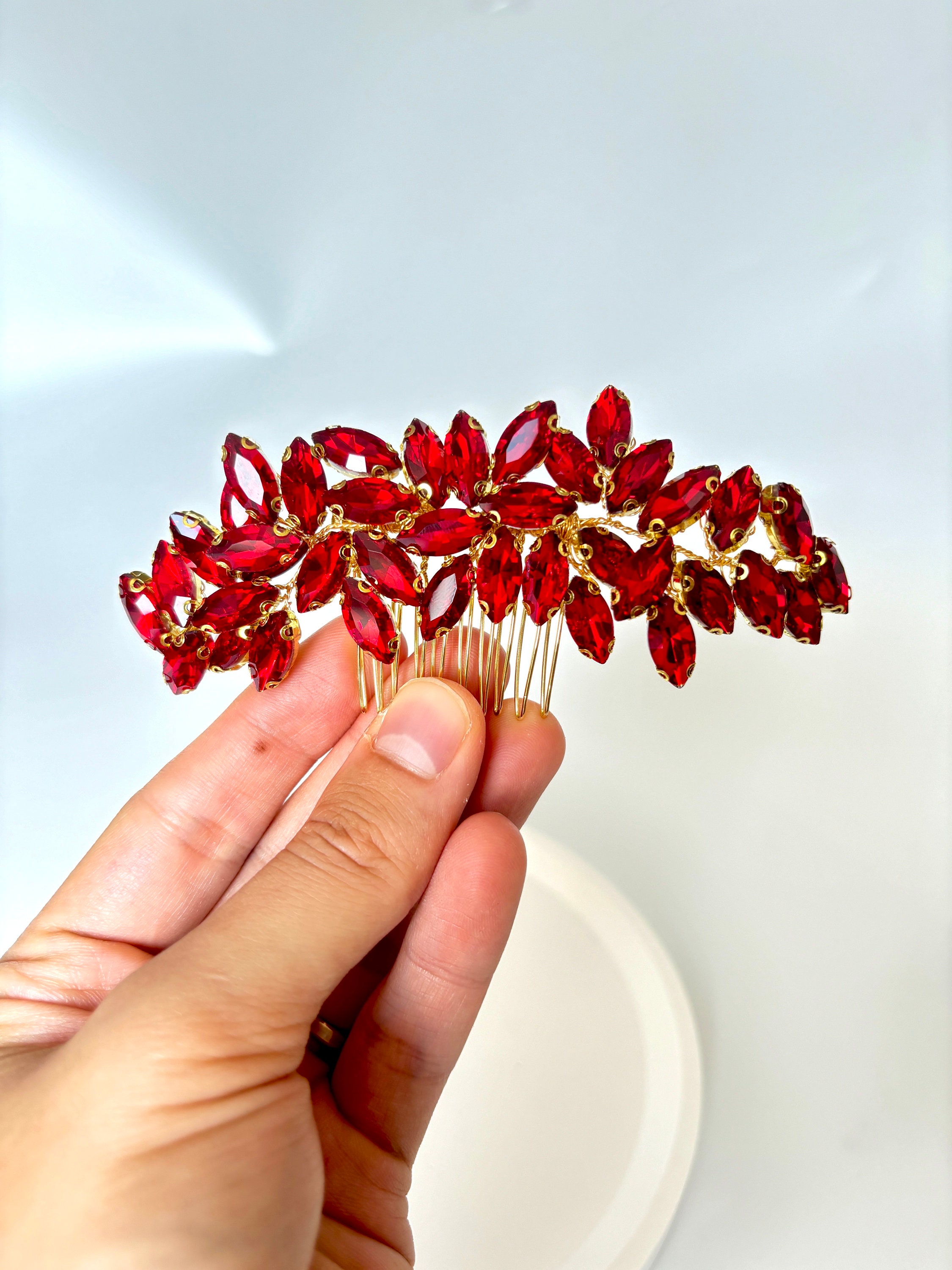 Red Crystal Bridal Hair Comb Wedding Floral Hair Piece Jewelry for ...