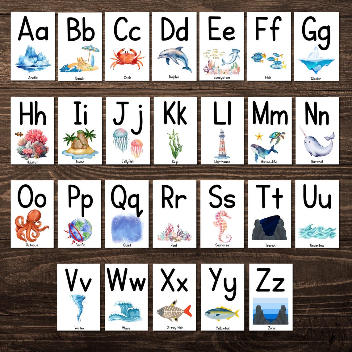 52 Ocean Alphabet Cards 5x7, Montessori Flash Cards, A-Z Cards ...