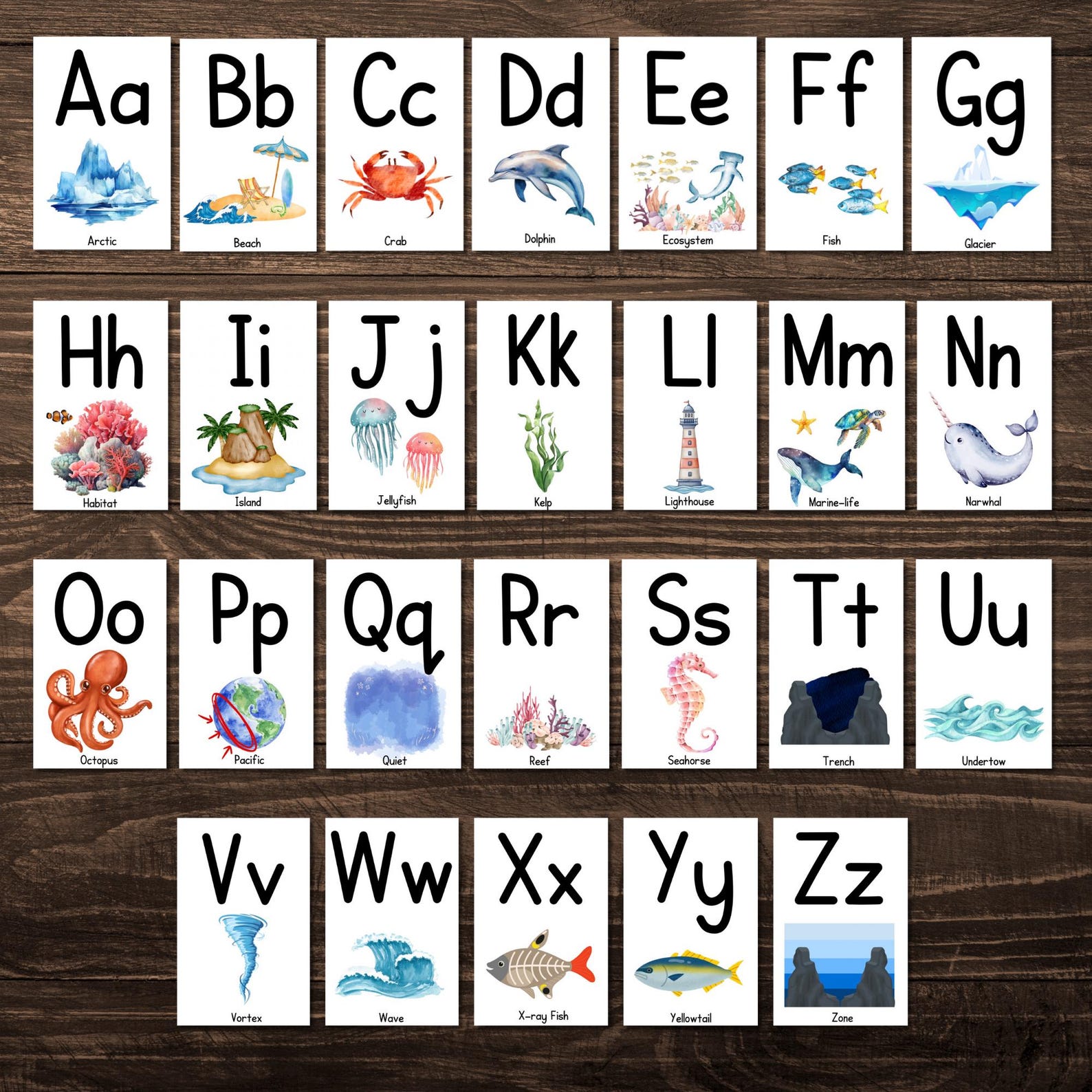 52 Ocean Alphabet Cards 5x7, Montessori Flash Cards, A-Z Cards ...