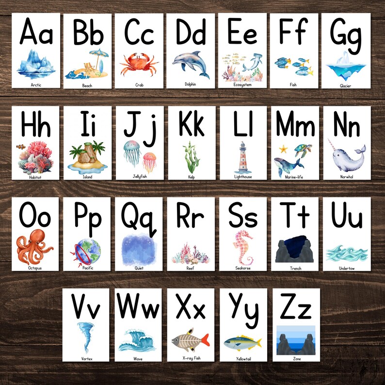 52 Ocean Alphabet Cards 5x7, Montessori Flash Cards, A-Z Cards ...