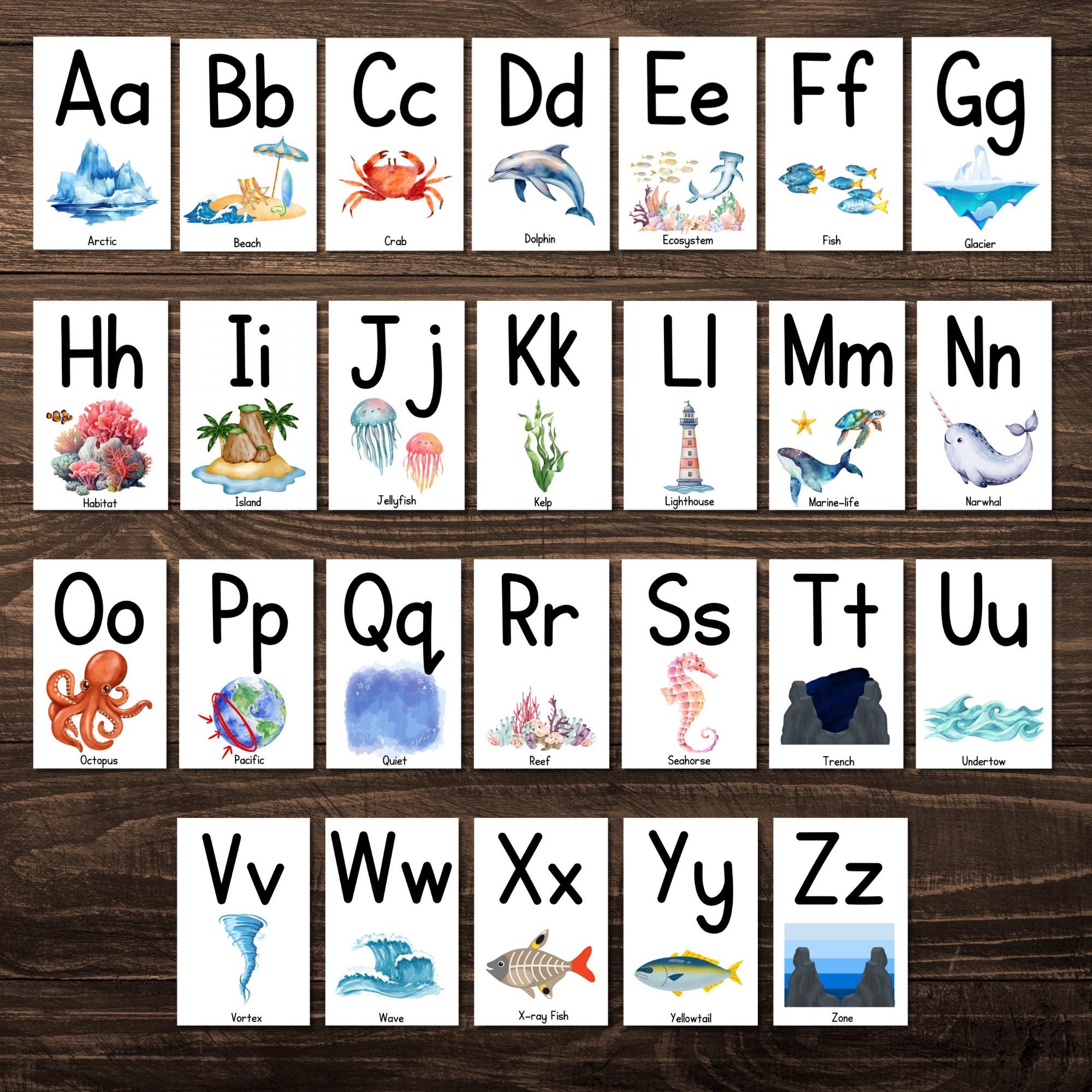 52 Ocean Alphabet Cards 5x7, Montessori Flash Cards, A-Z Cards ...