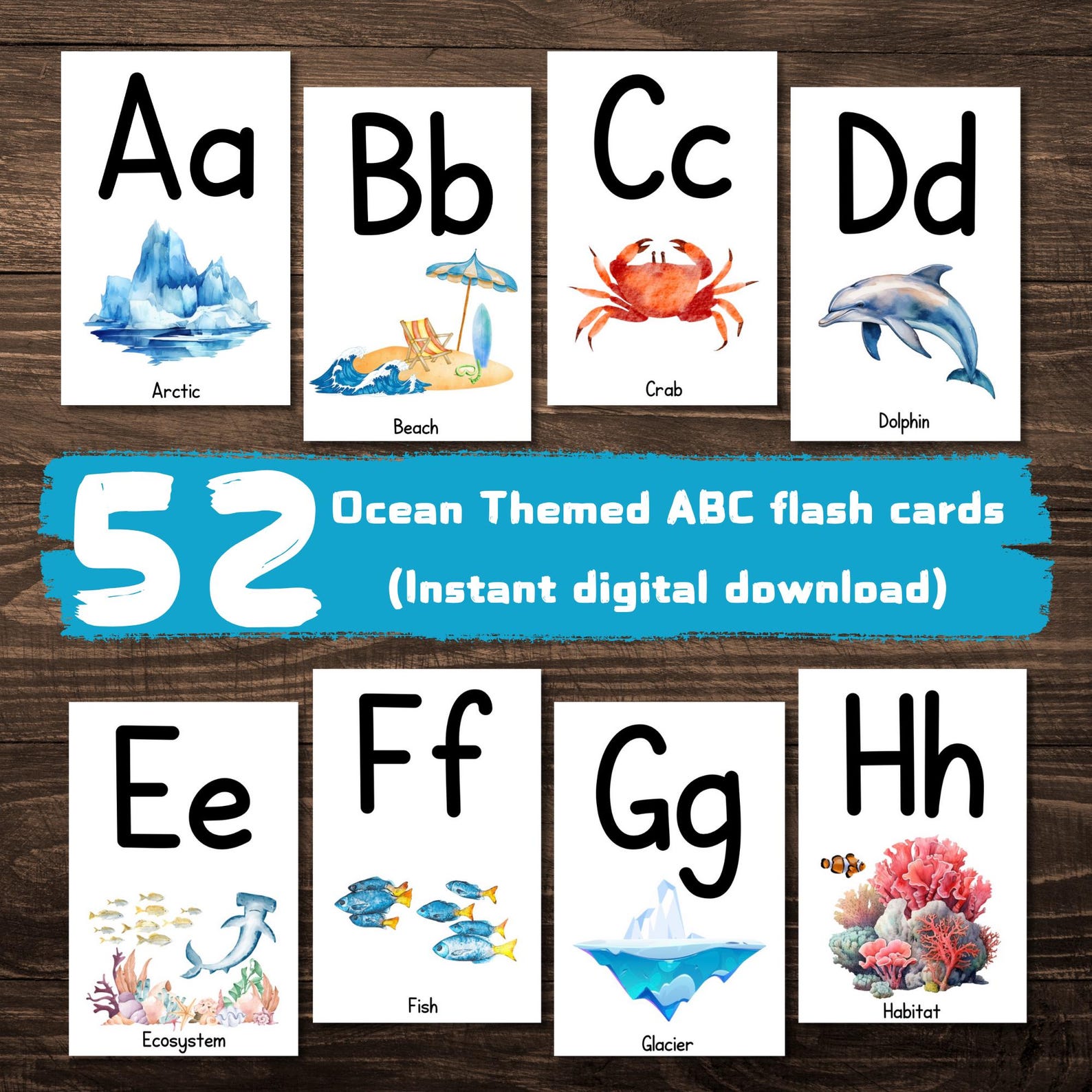 52 Ocean Alphabet Cards 5x7, Montessori Flash Cards, A-Z Cards ...