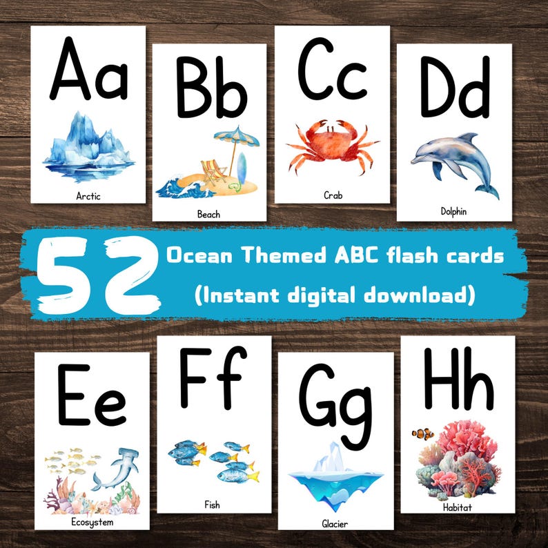 52 Ocean Alphabet Cards 5x7, Montessori Flash Cards, A-Z Cards ...