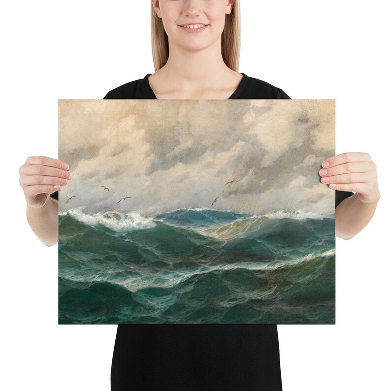 Vintage Maritime Painting Print Ocean Blues and Teal Waves Stormy ...