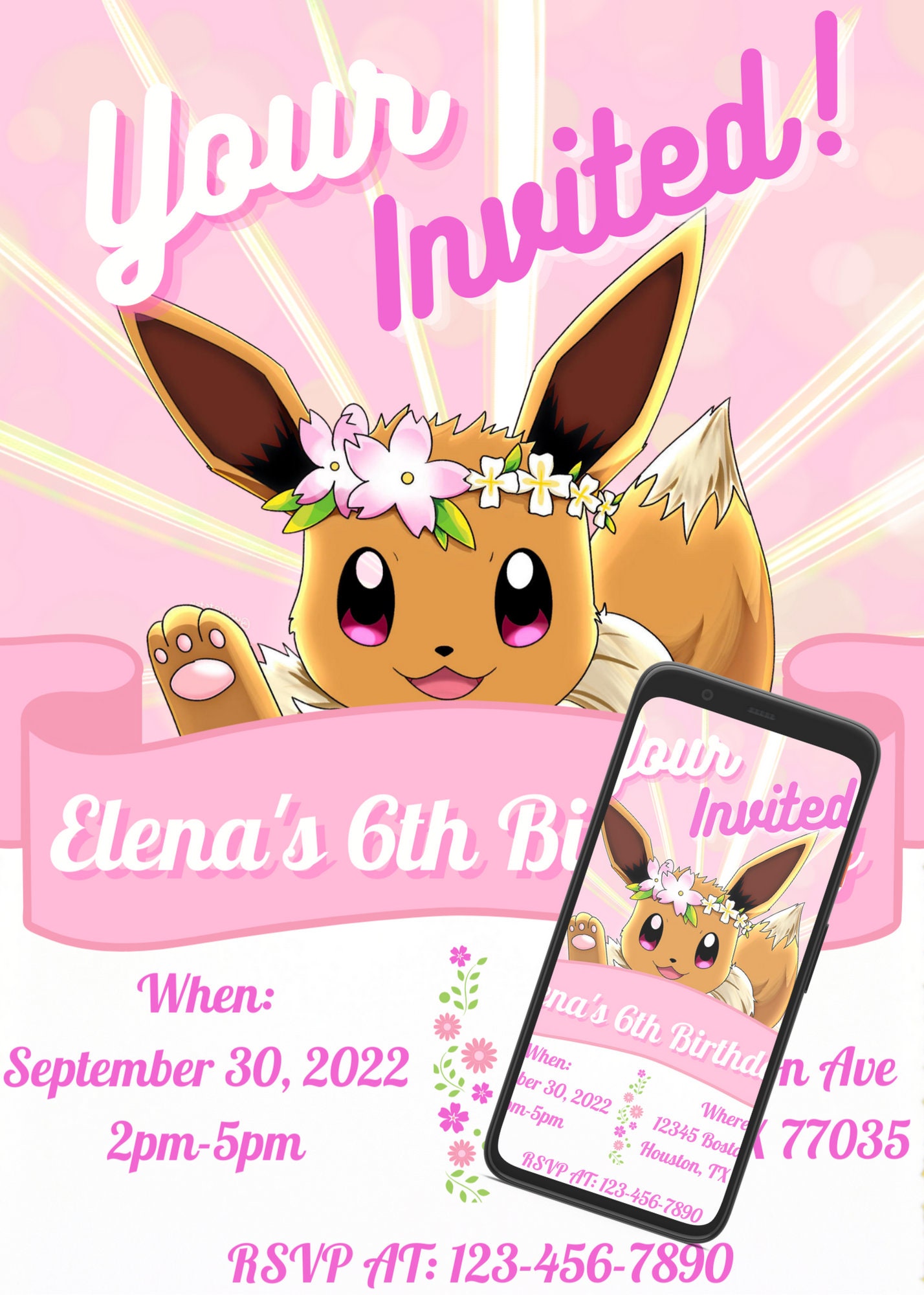 Eevee Custom Birthday Invitation Personalized Eevee - Etsy
