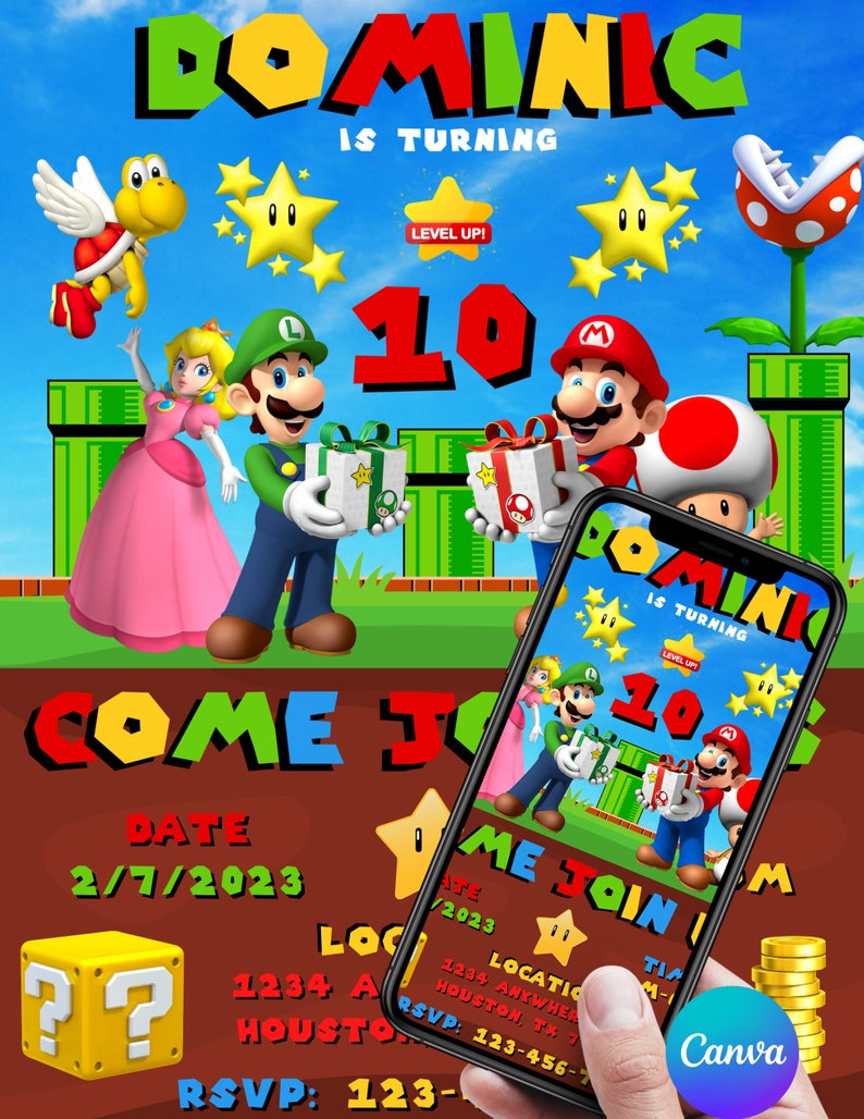Super Mario Custom Birthday Invitation Personalized Mario - Etsy
