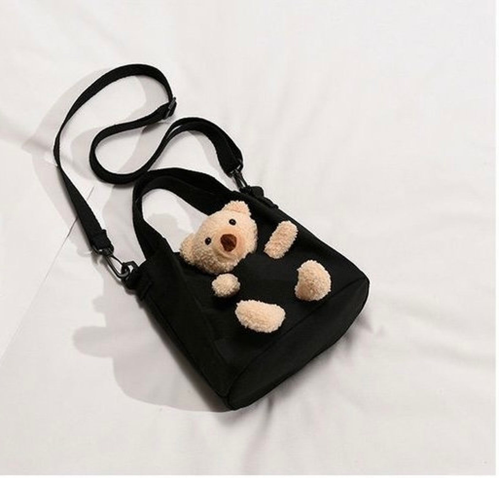 Cute Teddy Bear Crossbody Bag Canvas Shoulder Bucket Bag, Simple and ...