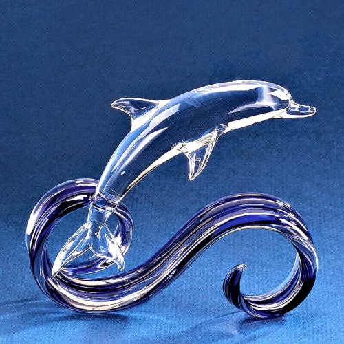 Glass Baron-handcrafted Glass Dolphin Riding Blue Glass Waves BRAND NEW ...