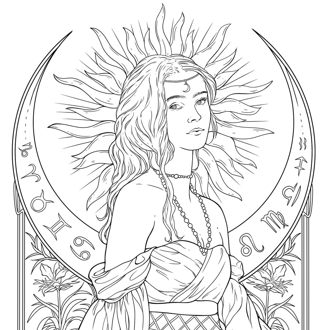 Adult Coloring Page Celestial Goddess Zodiac Coloring Page Original Art ...