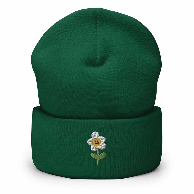 Smiling Daisy Flower Embroidered Cuffed Beanie: Cozy Unisex Winter Cap ...