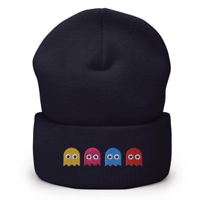 Colorful Retro Arcade Game Ghost Embroidered Cuffed Beanie: Cozy Unisex ...