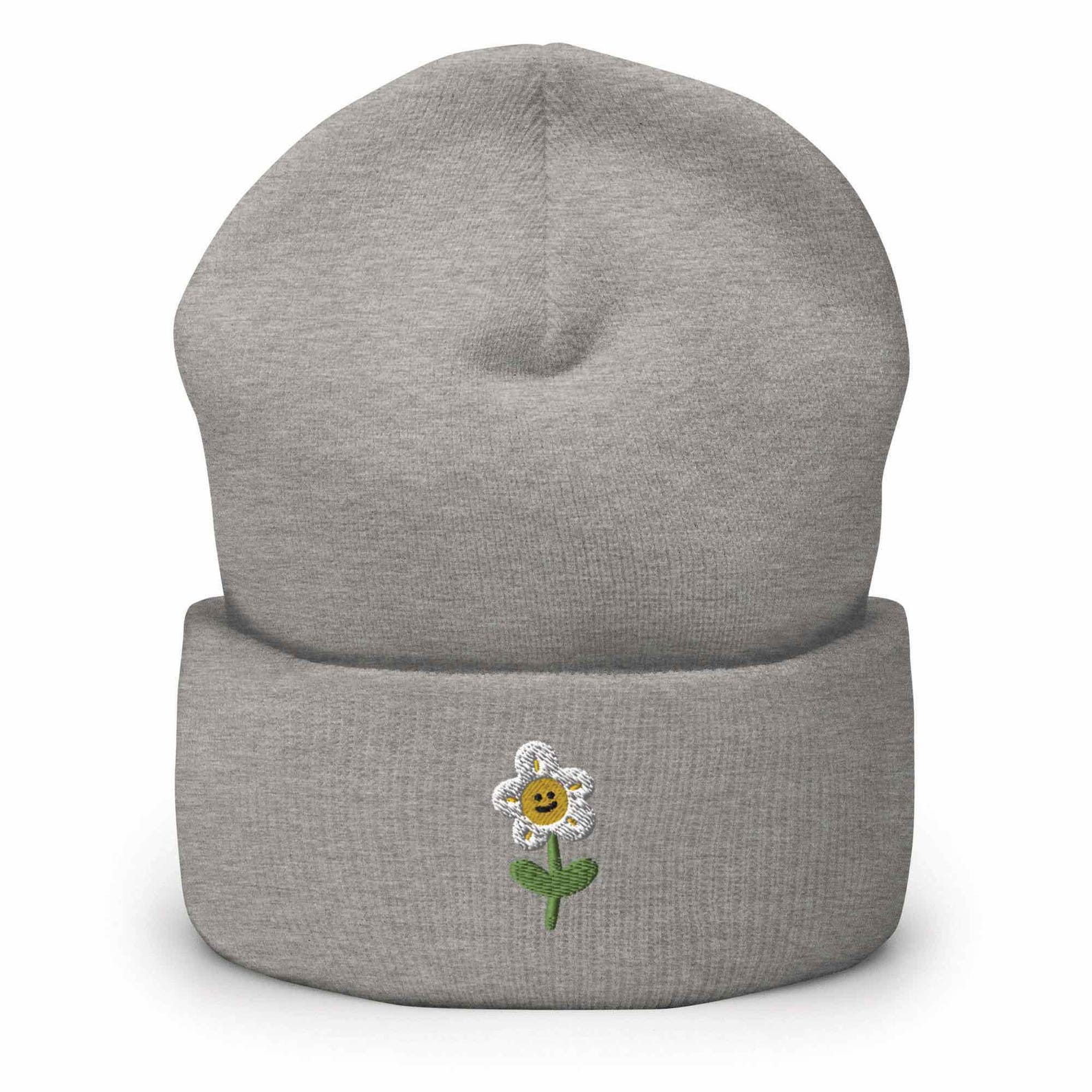 Smiling Daisy Flower Embroidered Cuffed Beanie: Cozy Unisex Winter Cap ...