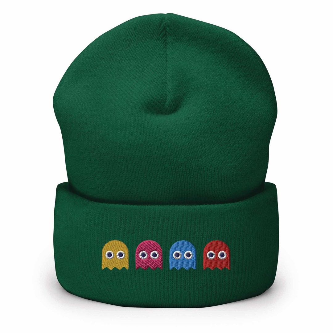 Colorful Retro Arcade Game Ghost Embroidered Cuffed Beanie: Cozy Unisex ...