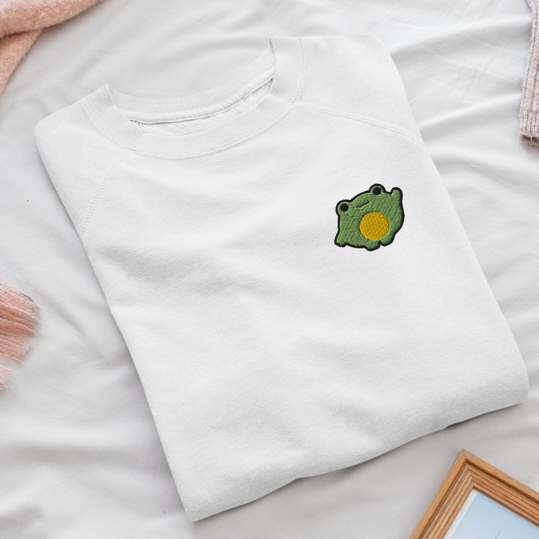 Chonky Cartoon Frog Embroidered Crewneck Sweatshirt: Cotton Blend ...