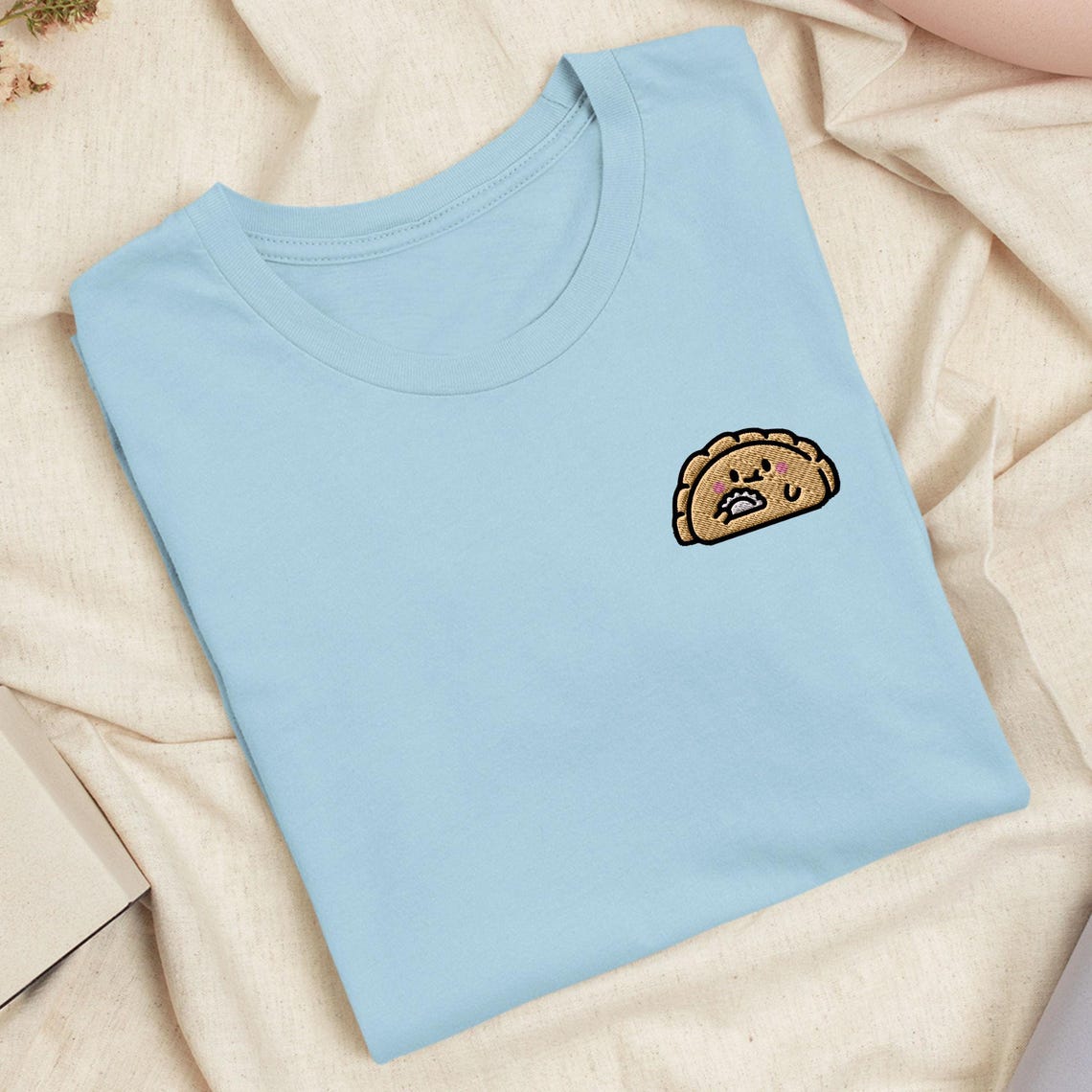 Cute Dumpling Eating a Dumpling Embroidered T-shirt: Lightweight Cotton ...