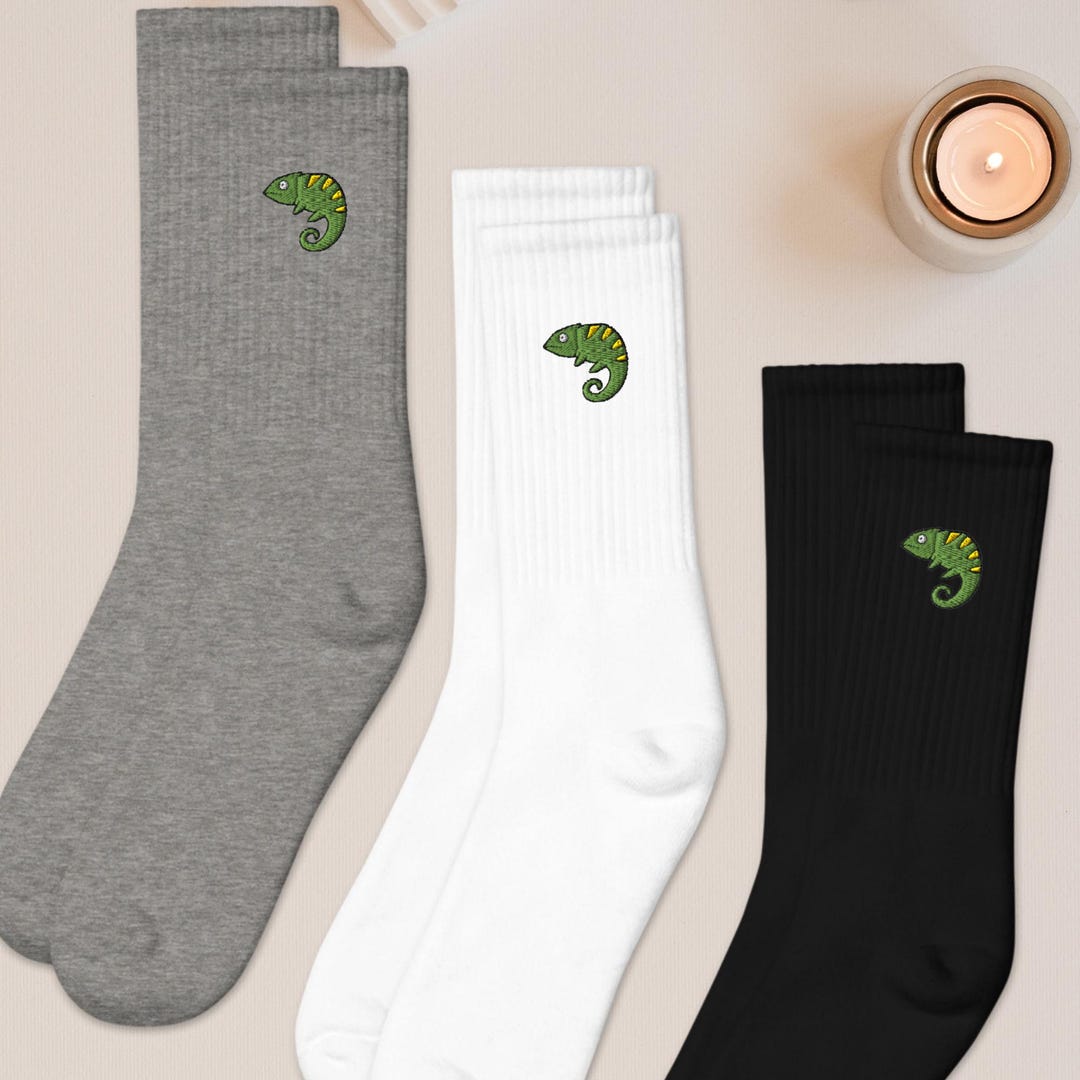 Chameleon Embroidered Socks: Cushioned Cotton Blend, Made in USA - Etsy