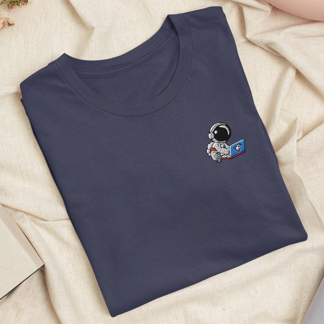 Cute Astronaut Remote Worker Embroidered T-shirt: Lightweight Cotton ...