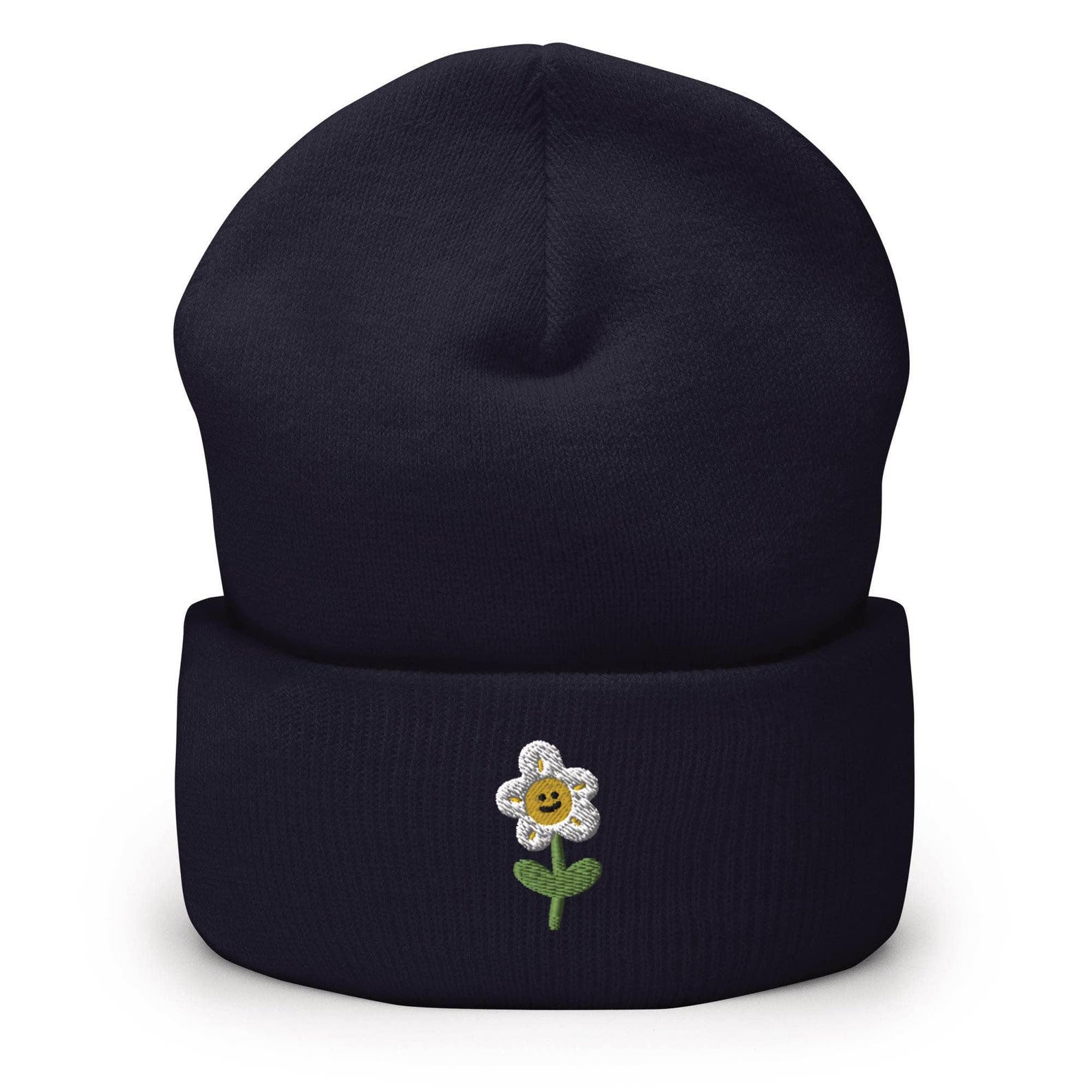 Smiling Daisy Flower Embroidered Cuffed Beanie: Cozy Unisex Winter Cap ...