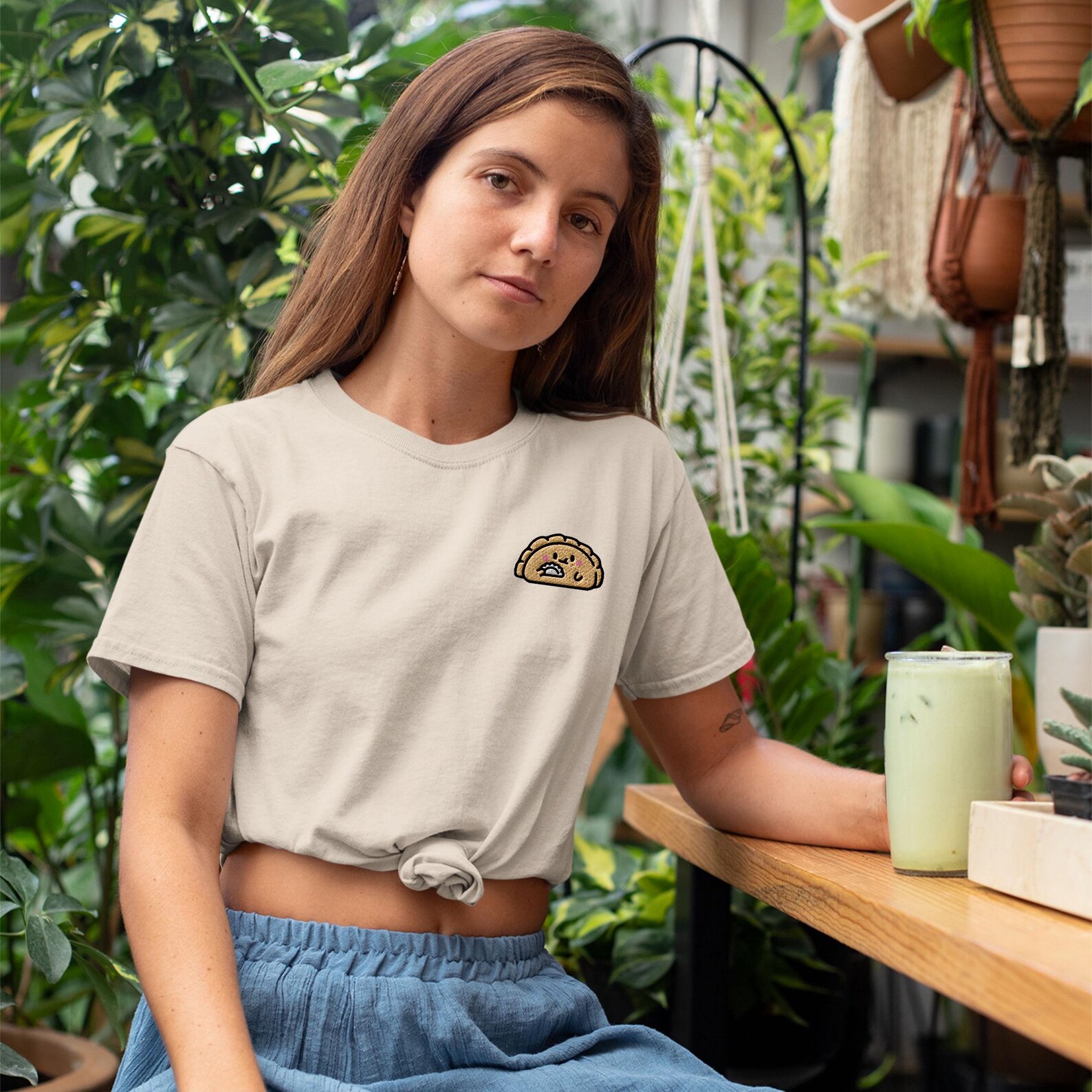 Cute Dumpling Eating a Dumpling Embroidered T-shirt: Lightweight Cotton ...