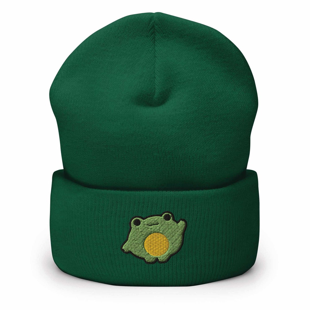 Chonky Cartoon Frog Embroidered Cuffed Beanie: Cozy Unisex Winter Cap ...
