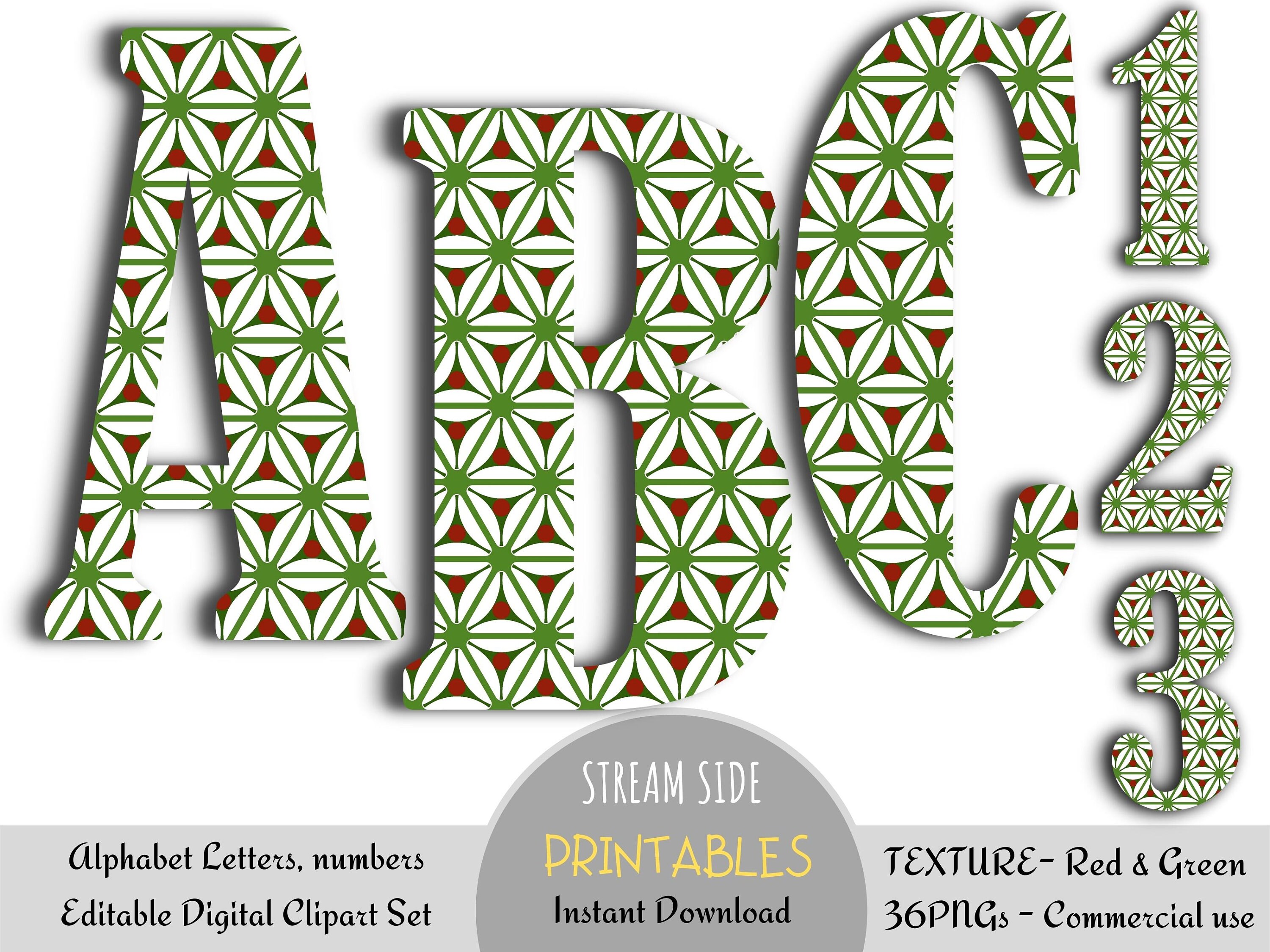 Green and Red Textured Alphabet Letters and Numbers Set - Etsy