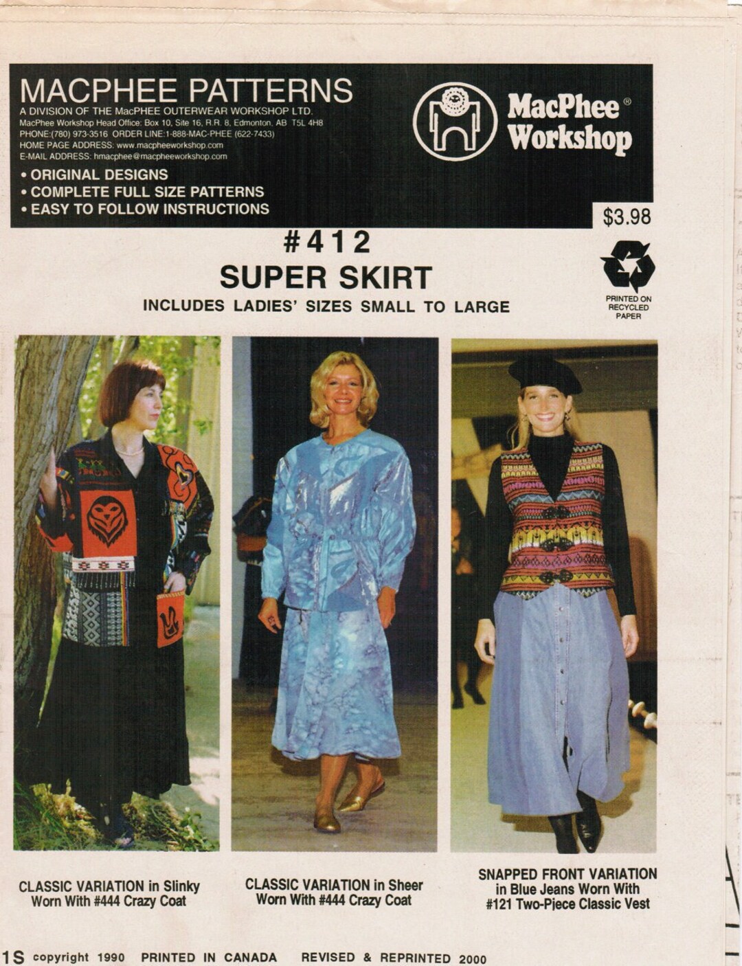 MACPHEE PATTERN 412 6-gore Super Skirt. ©1990. Revised and Reprinted 2000. Size Ladies Small to ...