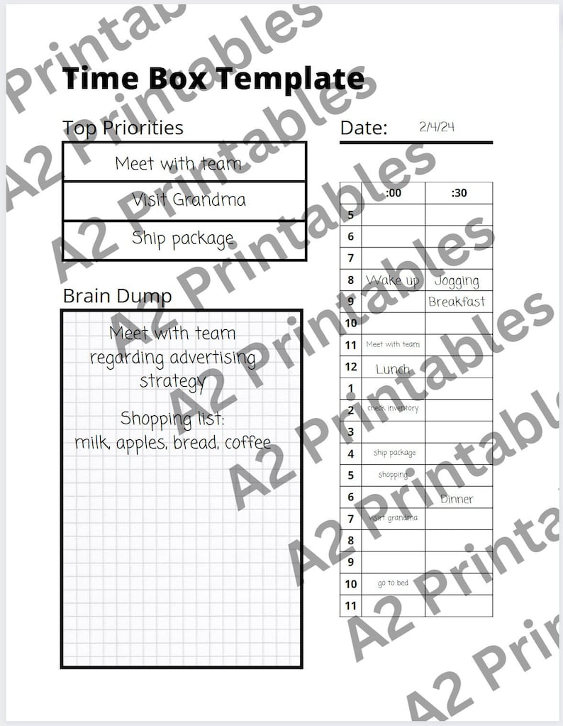 Time Box Template, Time Block Template, Printable PDF - Etsy