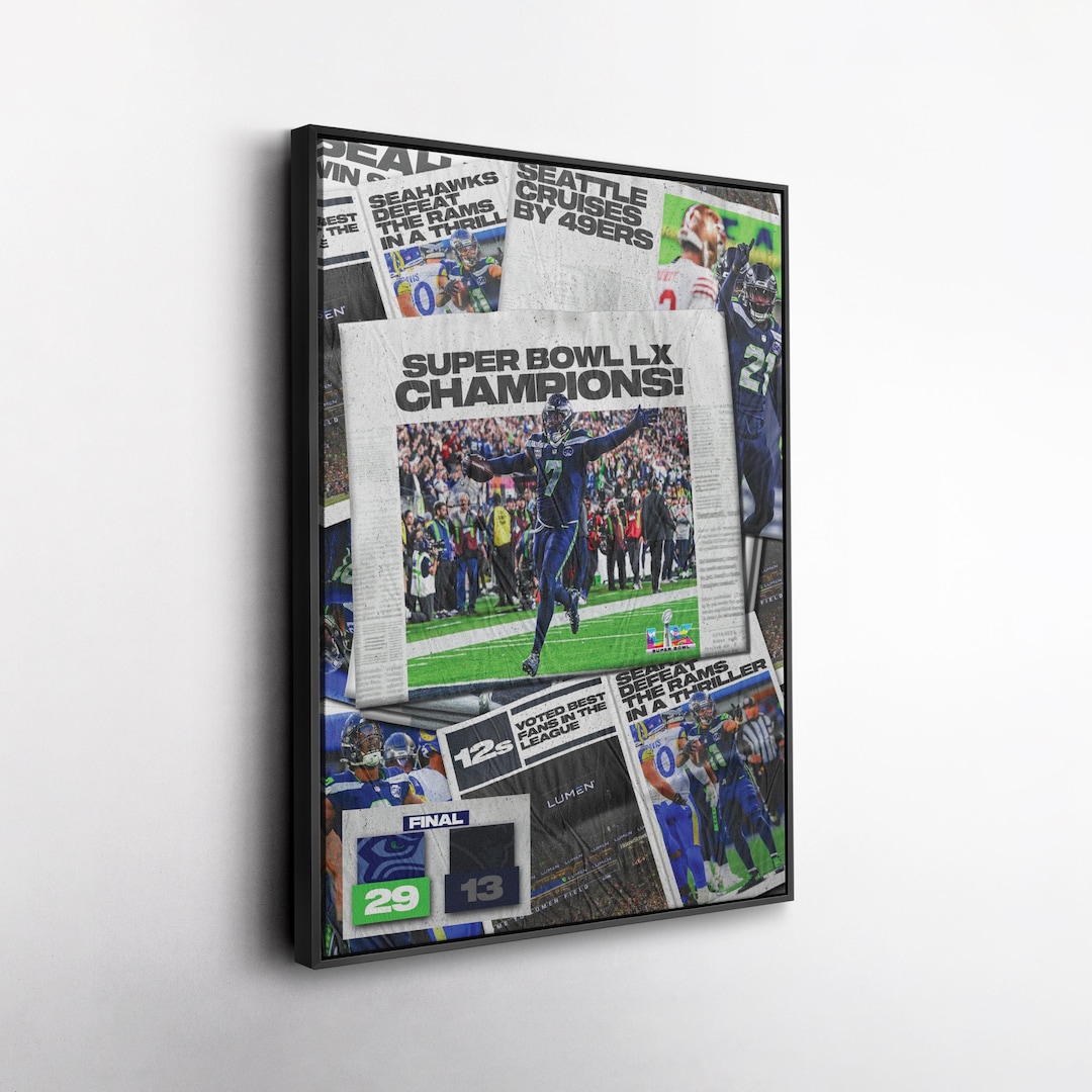 Seattle Seahawks Super Bowl LX Champions Newspaper Collage Canvas Wall ...