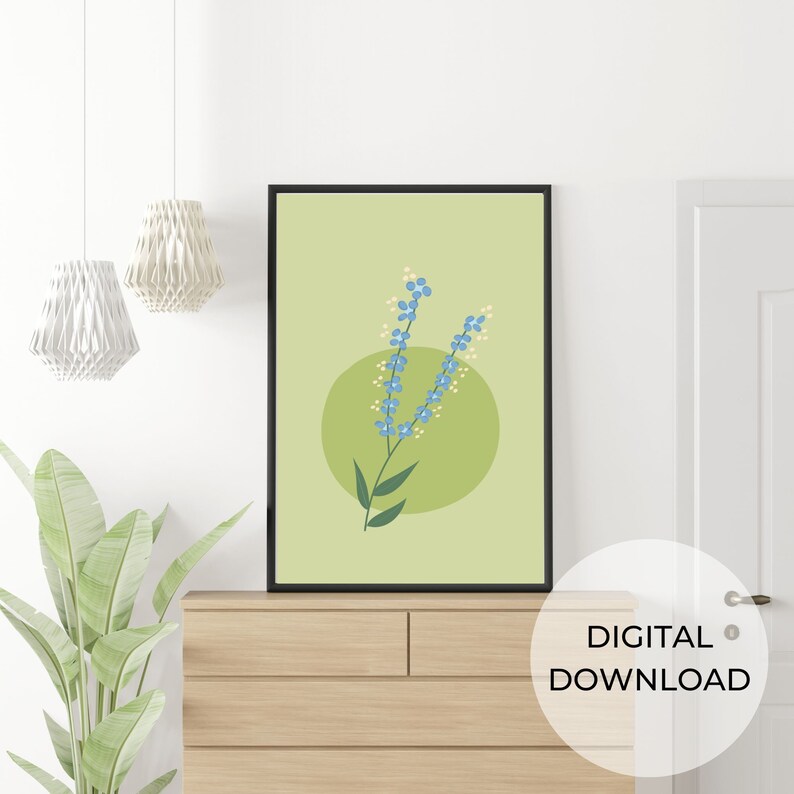 Blue Spring Flower Wall Art, Flower Printable Illustration, Green ...