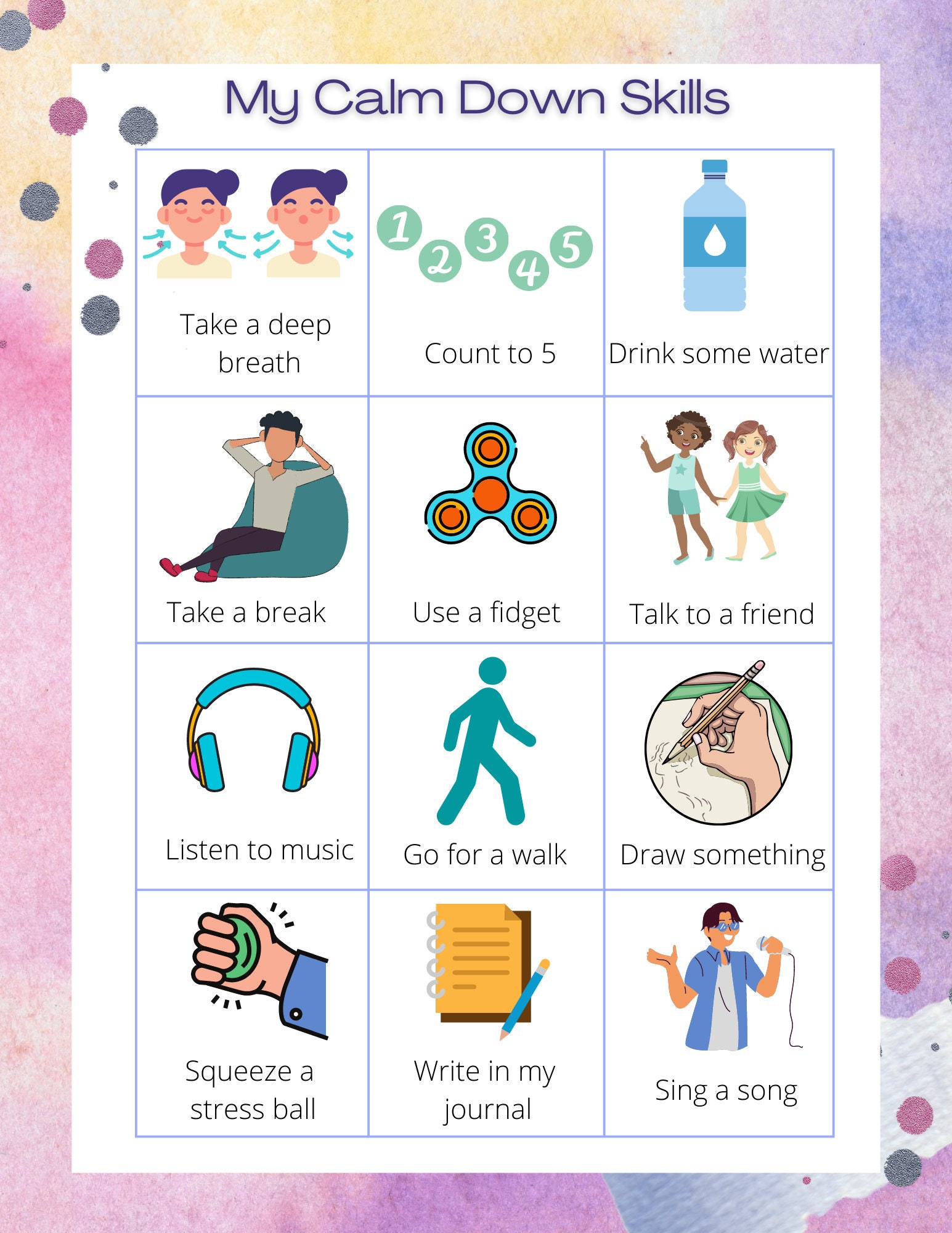 Coping Skills Board, Calm Down Skills Board, Coping Strategies, De ...