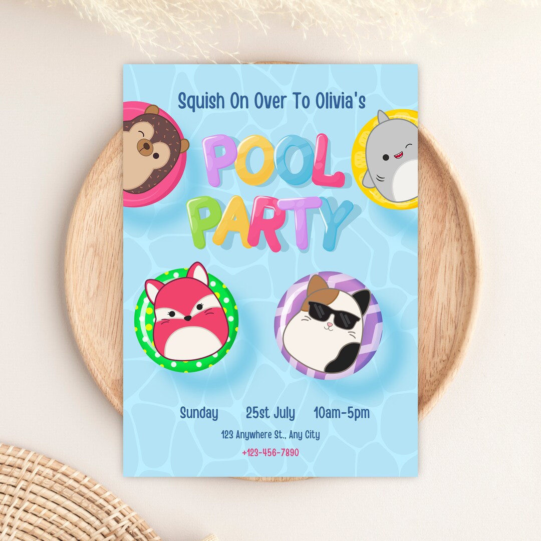 Customizable Squishmallows Pool Party Birthday Invitation, Digital ...