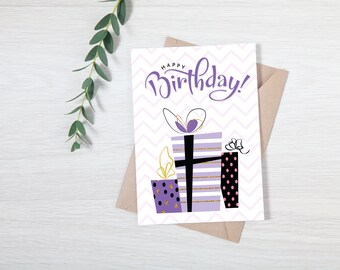 Purple Floral Printable Birthday Card Greeting Card Happy Birthday Card ...