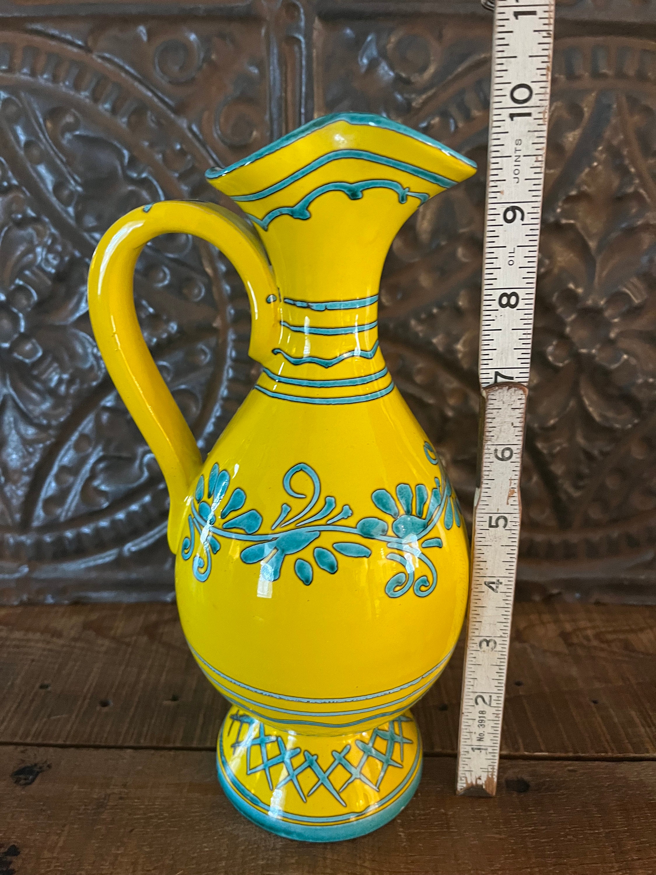 Vintage Hand Painted Pitcher Pottery Ceramic Yellow and Teal Blue Italy ...