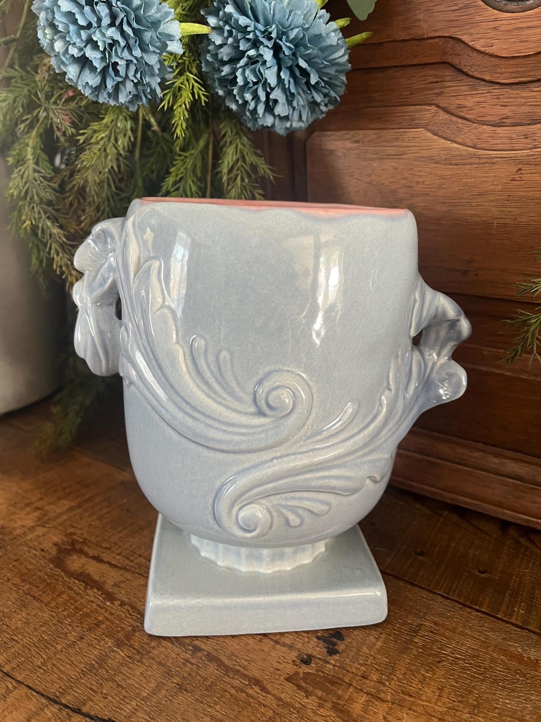 Vintage Red Wing Pottery Pedestal Vase, Luster Blue Model 1107 USA, MCM ...