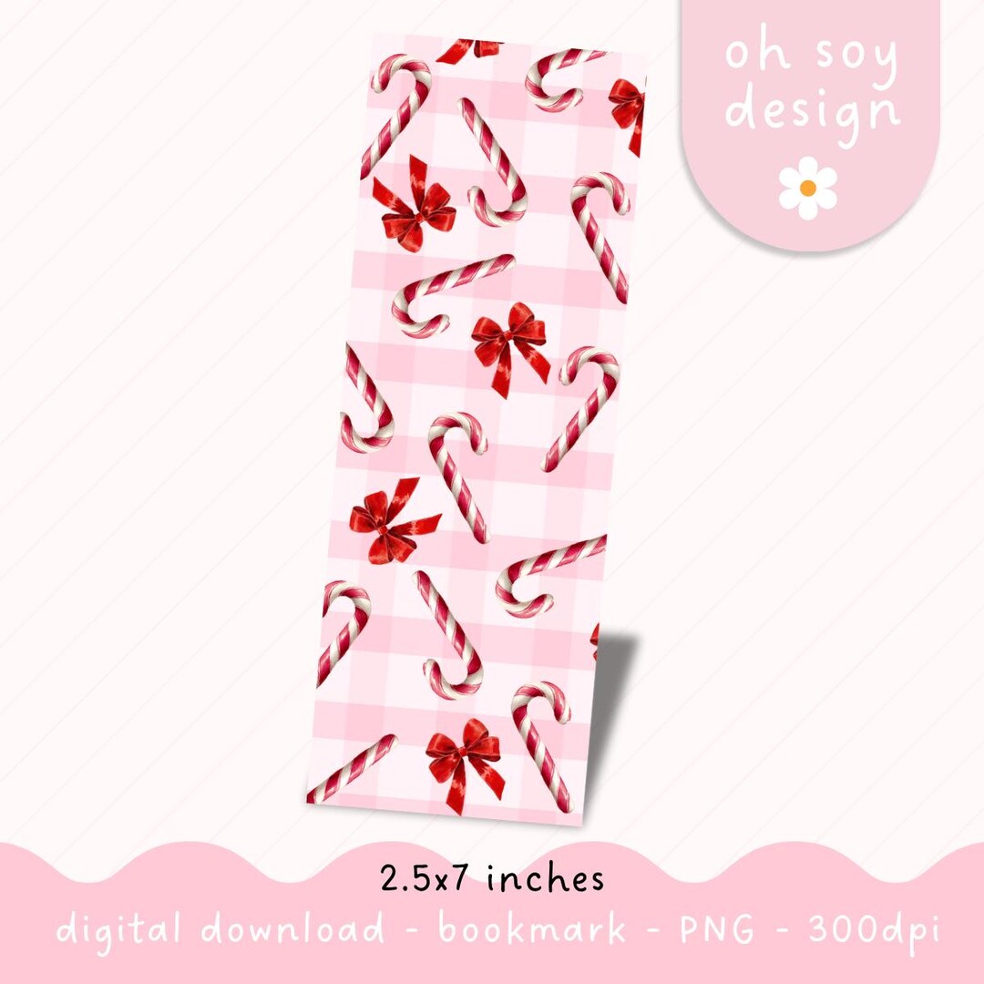 Candy Cane and Bows Printable Bookmark PNG, Christmas Bookmark, Digital ...