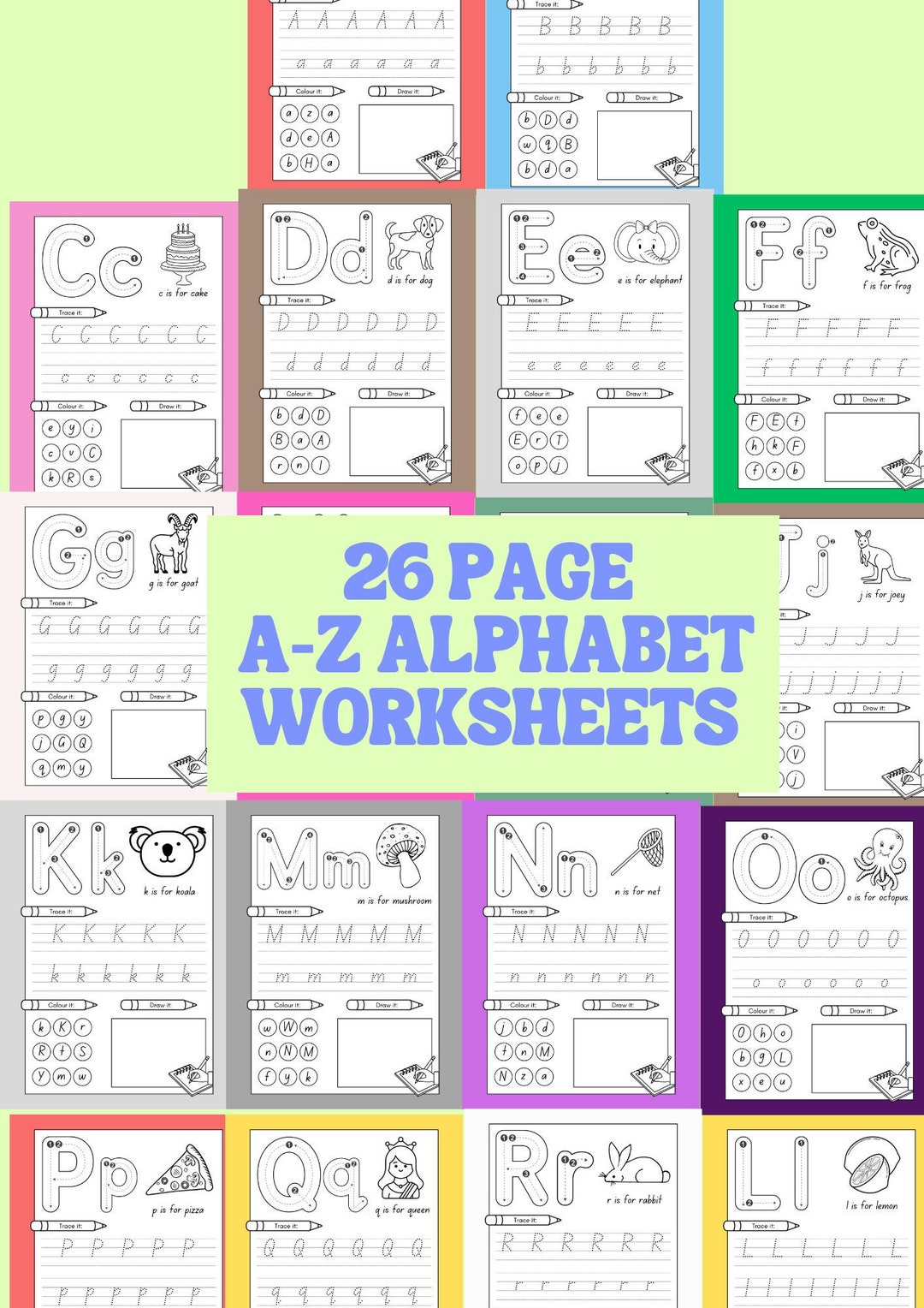26 Page A-Z Elementary Learning Activity Worksheets Practice ...