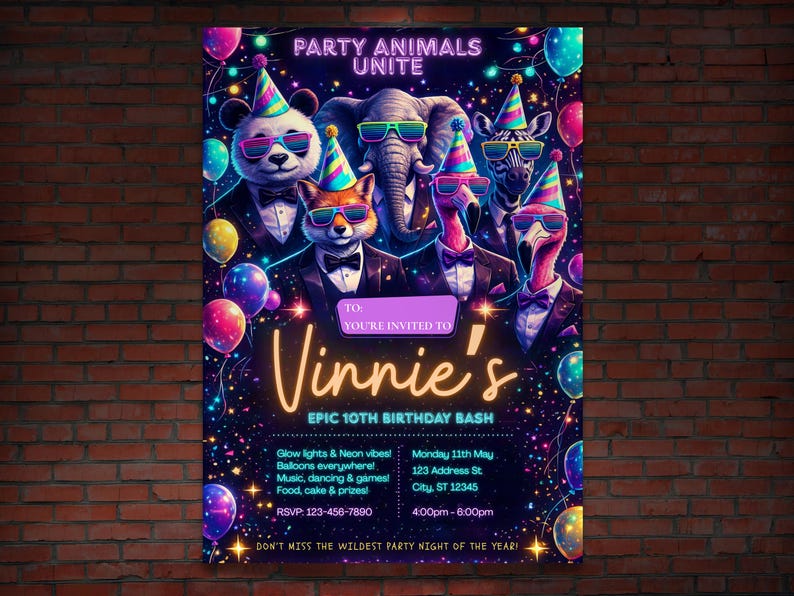 Neon Party Animals Birthday Invitation | Editable Canva Kids Invite ...