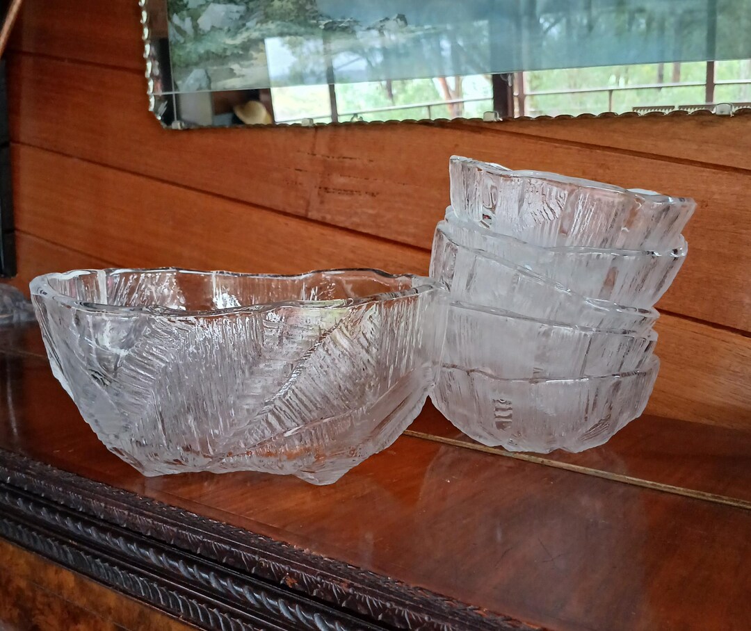 Vintage Hoya Ice Glass Bowl Set | Large Serving Bowl With 5 Bowls - Etsy