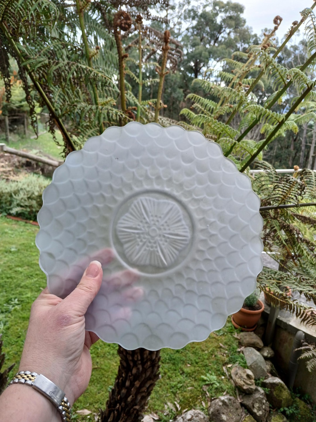 Vintage Bagley Pale Blue Frosted Glass Plate / Platter | Fish Scale ...